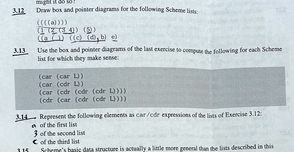 3.12 might it do so? Draw box and pointer diagrams for the following Scheme lists: ((((a))) (1 ...