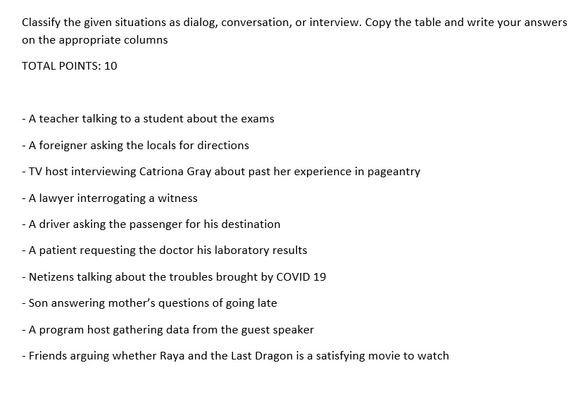 SOLVED: Text: Classify the given situations as dialogue, conversation ...