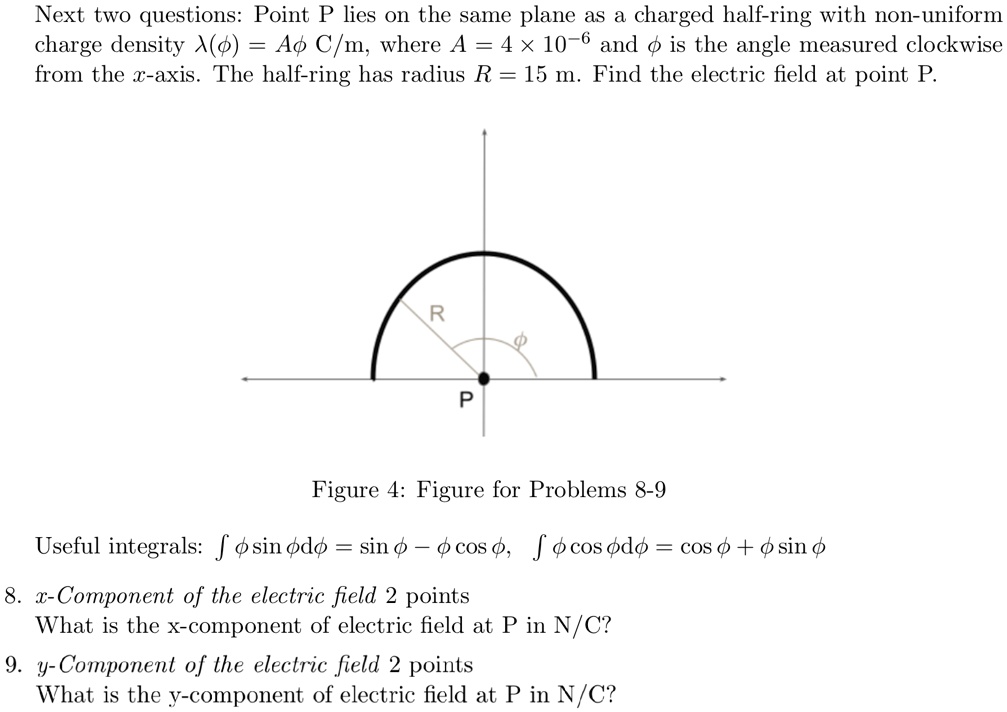 [GET ANSWER] Next two questions: Point P lies on the same plane as a charged half-ring with non ...