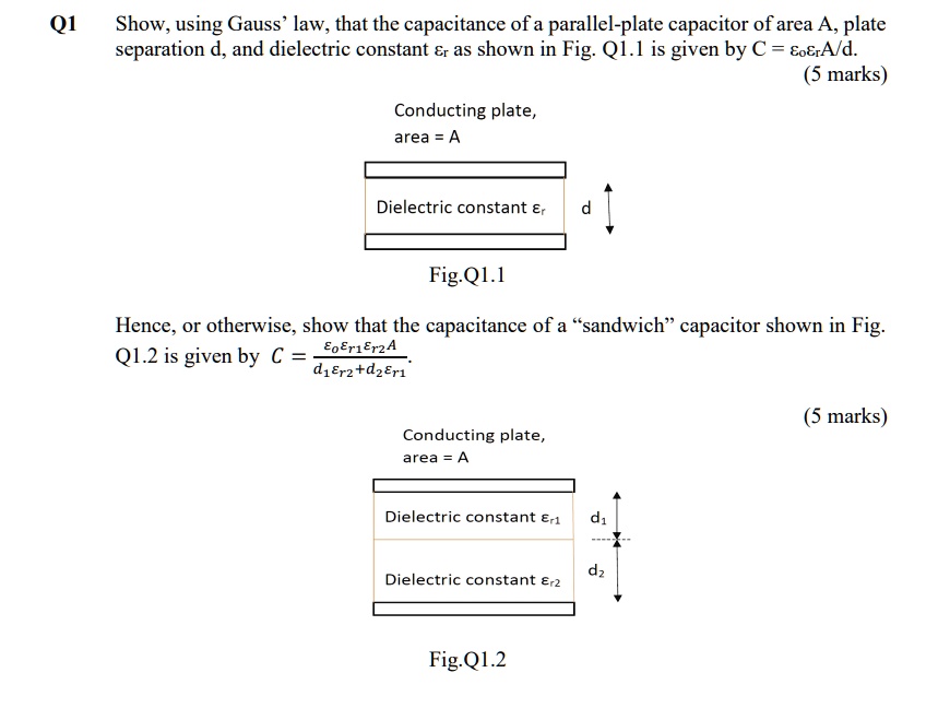 SOLVED: Show, using Gauss' law, that the capacitance of a parallel-plate capacitor of area A ...