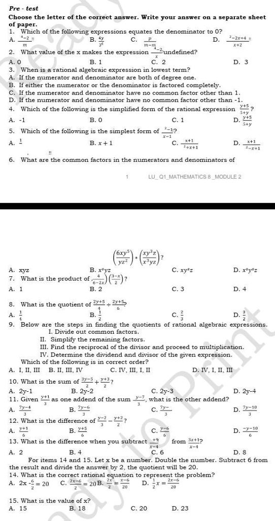 SOLVED: GRADE 8 MATH MODULE 2 QUARTER 1 Pretest Choose the letter of ...