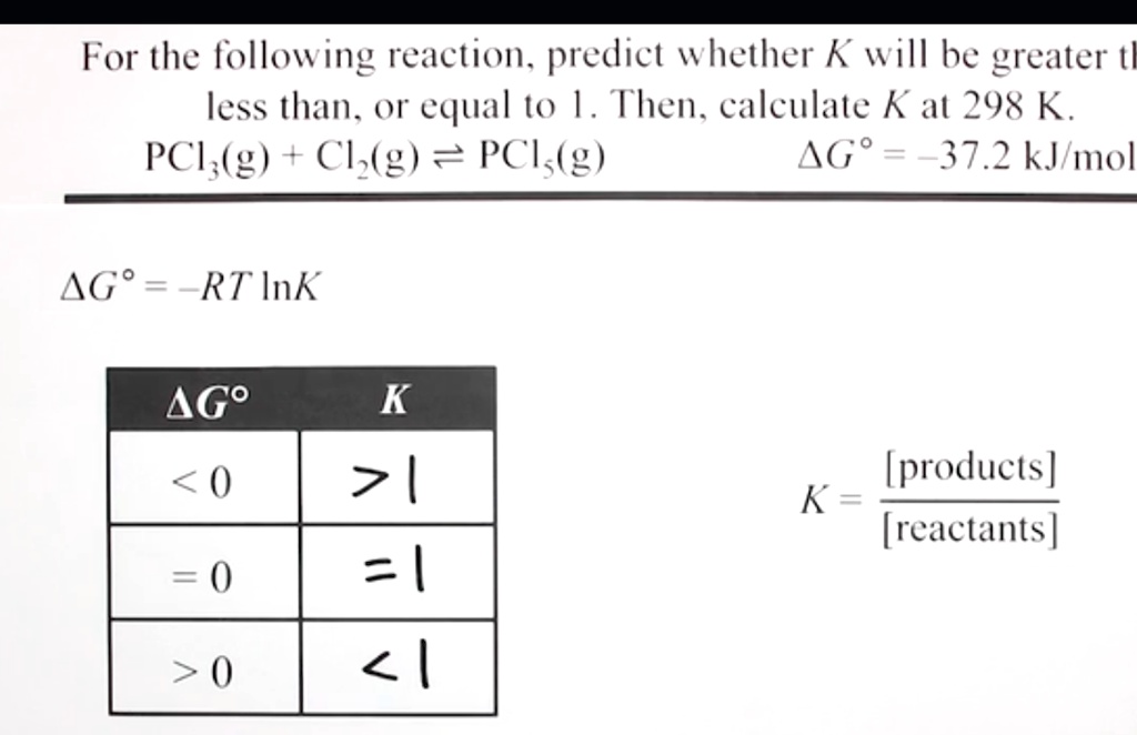 For the following reaction, predict whether K will be greater th less than, or equal to 1. Then ...