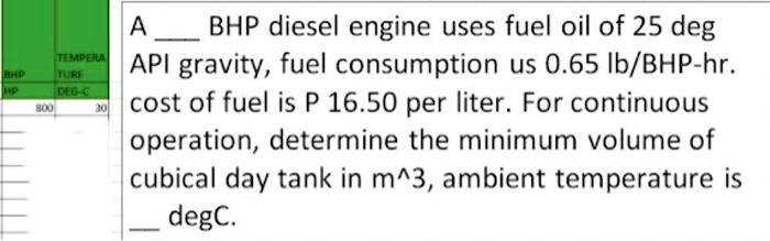 SOLVED: A BHP diesel engine uses fuel oil of 25 deg API gravity. The ...