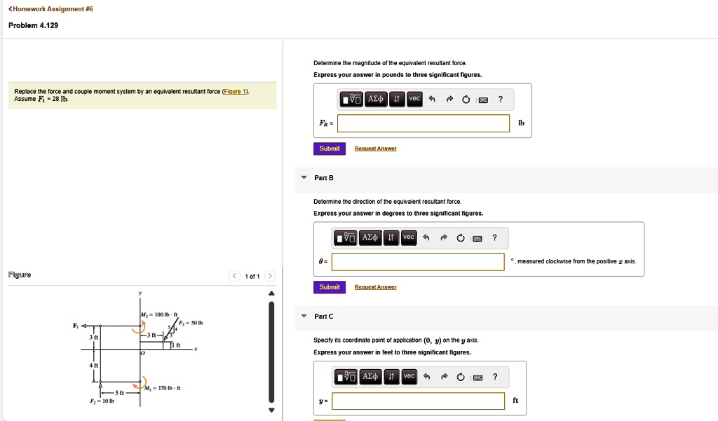 Problem 4.129 Replace the force and couple moment system by an equivalent resultant force ...