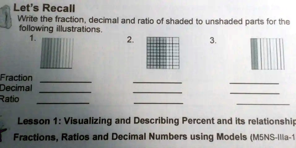 Let's Recall Write the fraction, decimal and ratio of shaded...