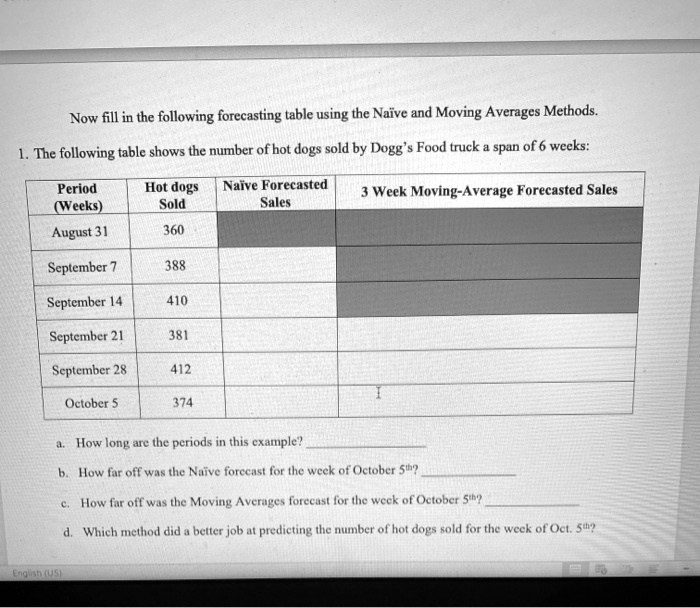 SOLVED: Now fill in the following forecasting table using the Naive and ...