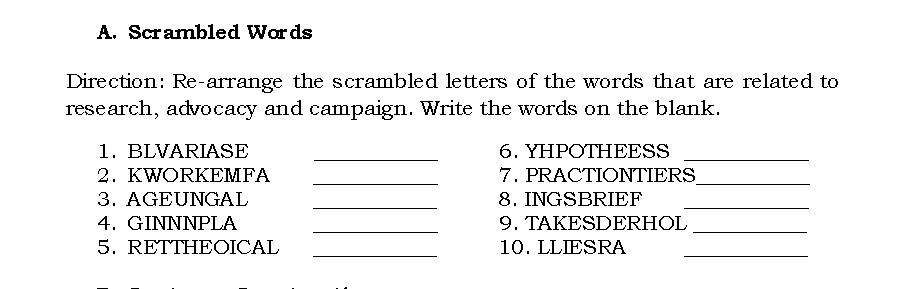 SOLVED: A. Scrambled Words Direction: Re-arrange the scrambled letters ...