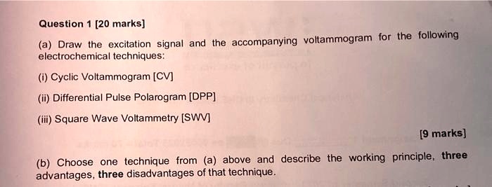 SOLVED: Question 1 [20 marks] (a) Draw the excitation signal and the accompanying voltammogram ...