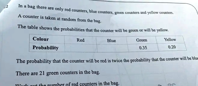 2 In a bag there are only red counters, blue counters, green counters ...