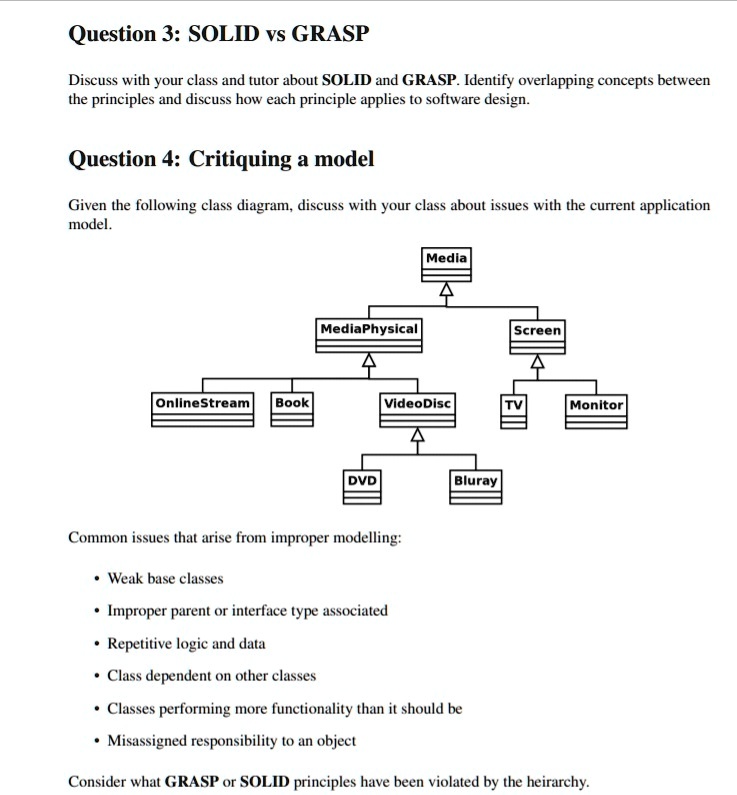 Question 3: SOLID vs GRASP Discuss with your class and tutor about SOLID and GRASP. Identify ...