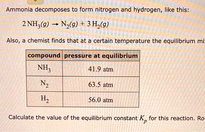 SOLVED: Ammonia decomposes to form nitrogen and hydrogen, like this: 2 ...