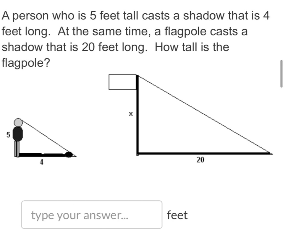 SOLVED: A person who is 5 feet tall casts a shadow that is 4 feet long ...