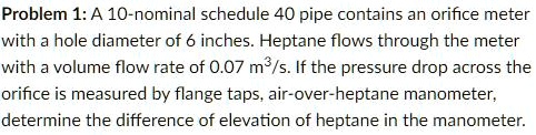 SOLVED: Problem 1A: 10-nominal schedule 40 pipe contains an orifice ...