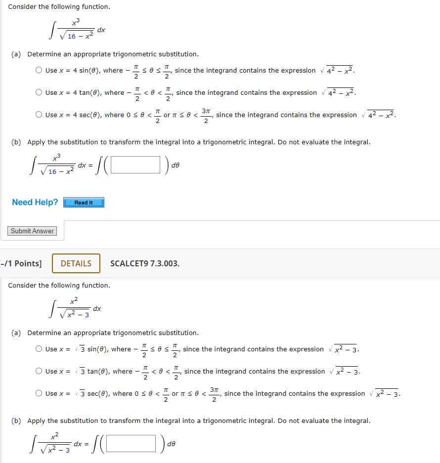 Consider The Following Function A Determine An Appropriate Trigonometric Substitution Use X 3sin