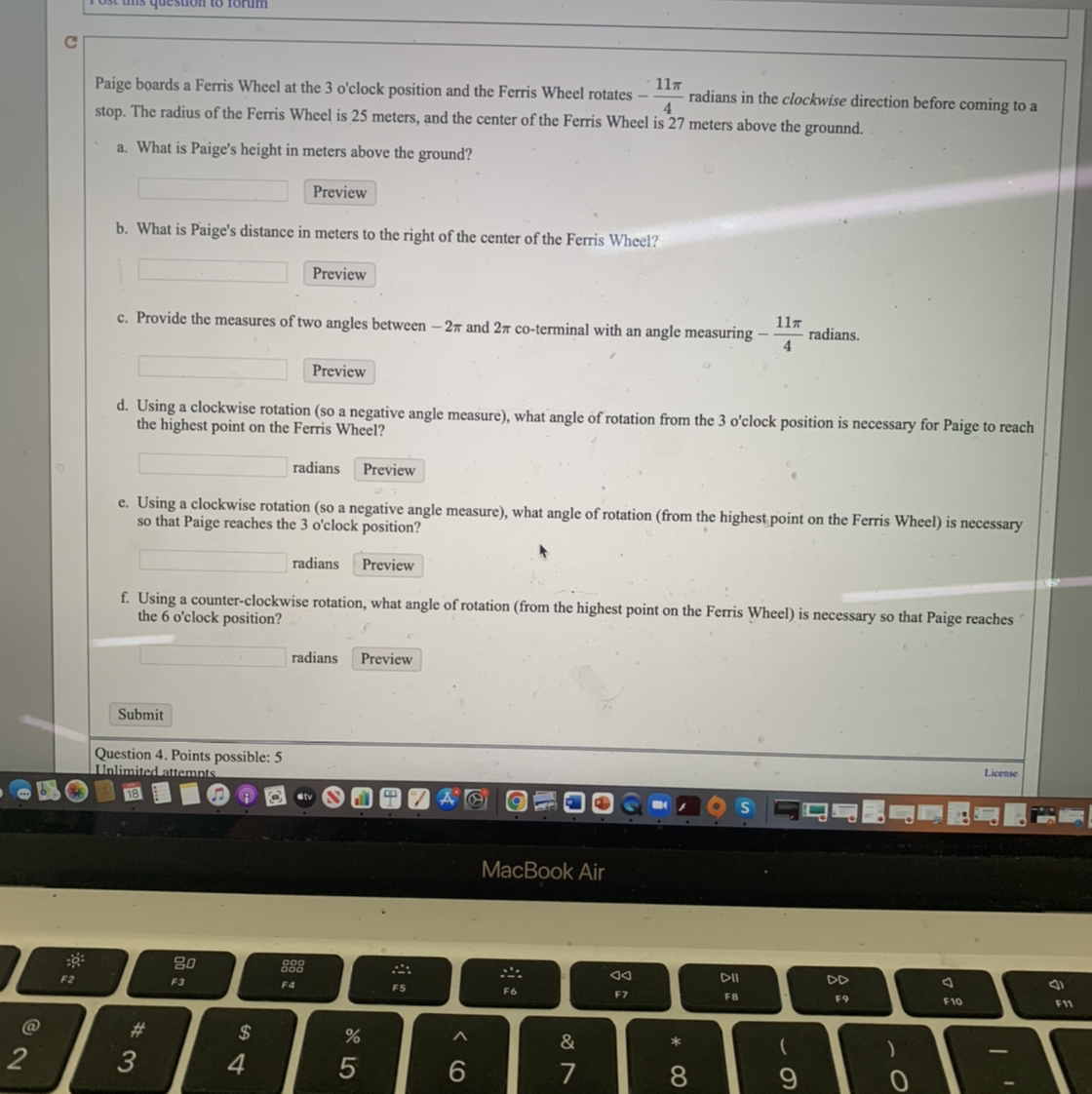 SOLVED: Paige boards a Ferris Wheel at the 3 o'clock position and the ...