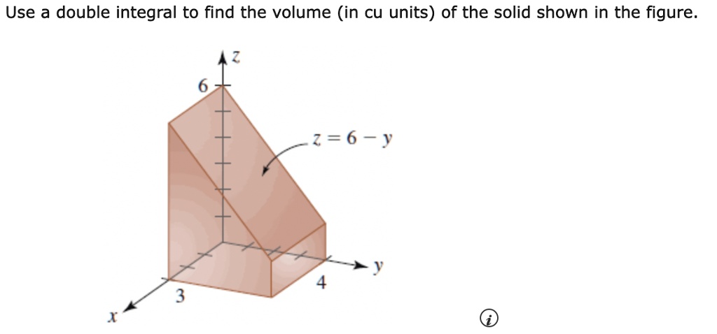 Use a double integral to find the volume (in cu units) of the solid shown in the figure.