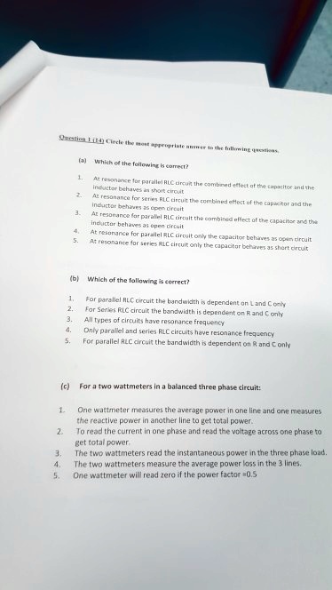 estin1n cir which of the following is corect 7 at resonance for series ...