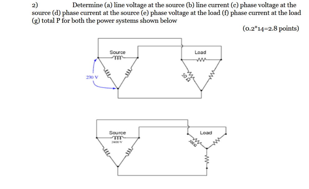 2) Determine (a) line voltage at the source (b) line current (c) phase ...