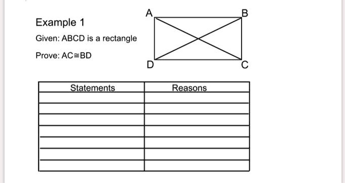 SOLVED: Example 1 Given: ABCD is a rectangle Prove: AC=BD Statements Reasons