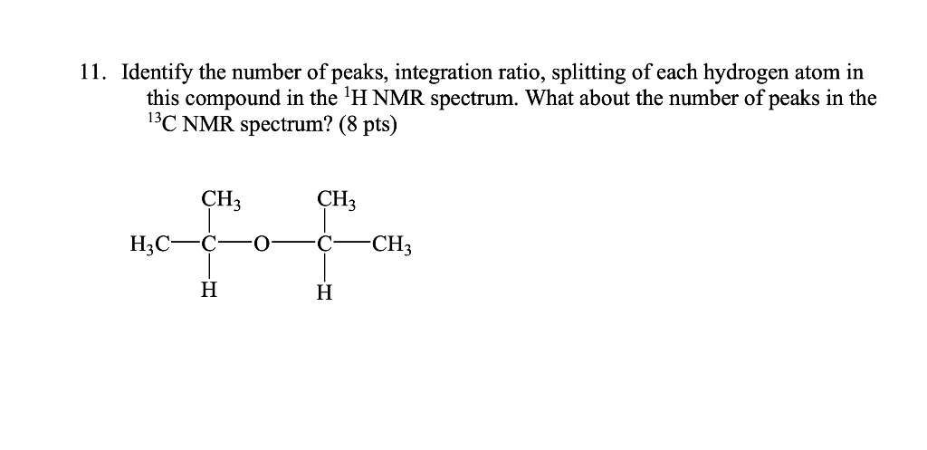 SOLVED: 11. Identify the number of peaks, integration ratio, splitting ...