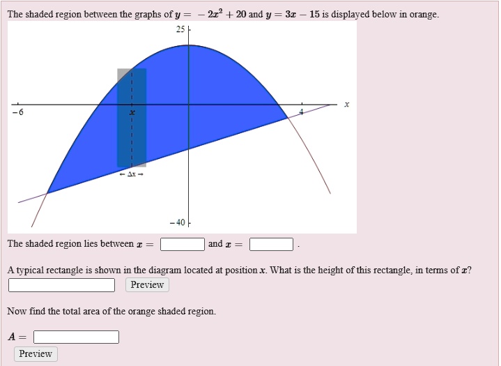 the shaded region between the graphs of y 212 20 and y 15 is displayed ...