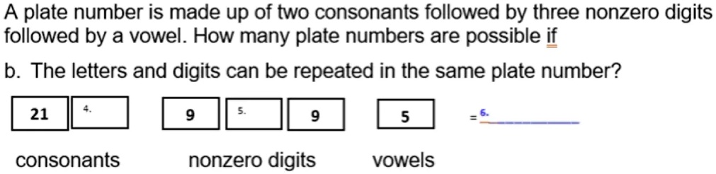 a plate number is made up of two consonants followed by three nonzero ...