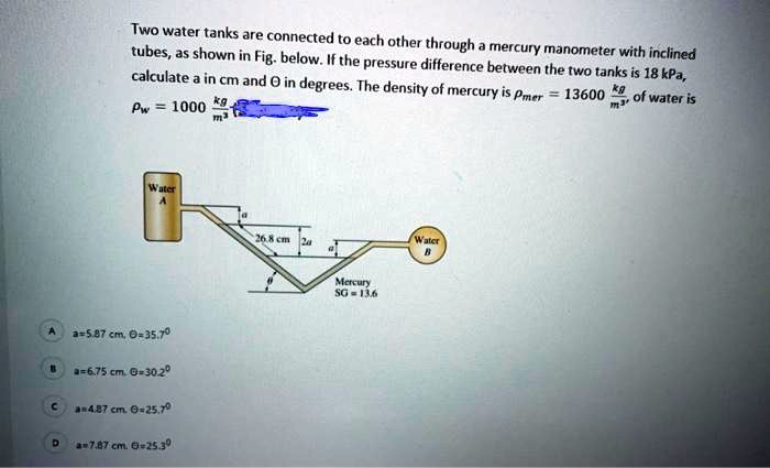 Two water tanks are connected to each other through a mercury manometer with inclined tubes, as ...