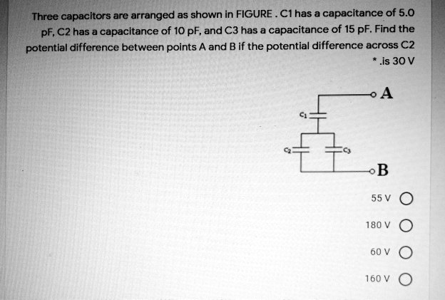 Three capacitors are arranged as shown in FIGURE. C1 has a capacitance of 5.0 pF, C2 has a ...