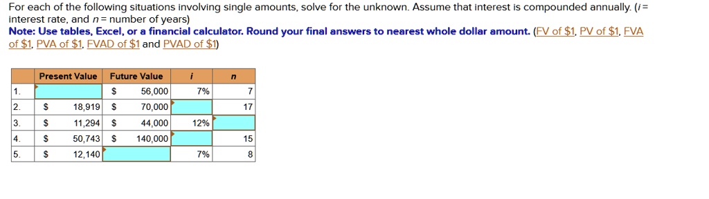 SOLVED: For each of the following situations involving single amounts, solve for the unknown ...