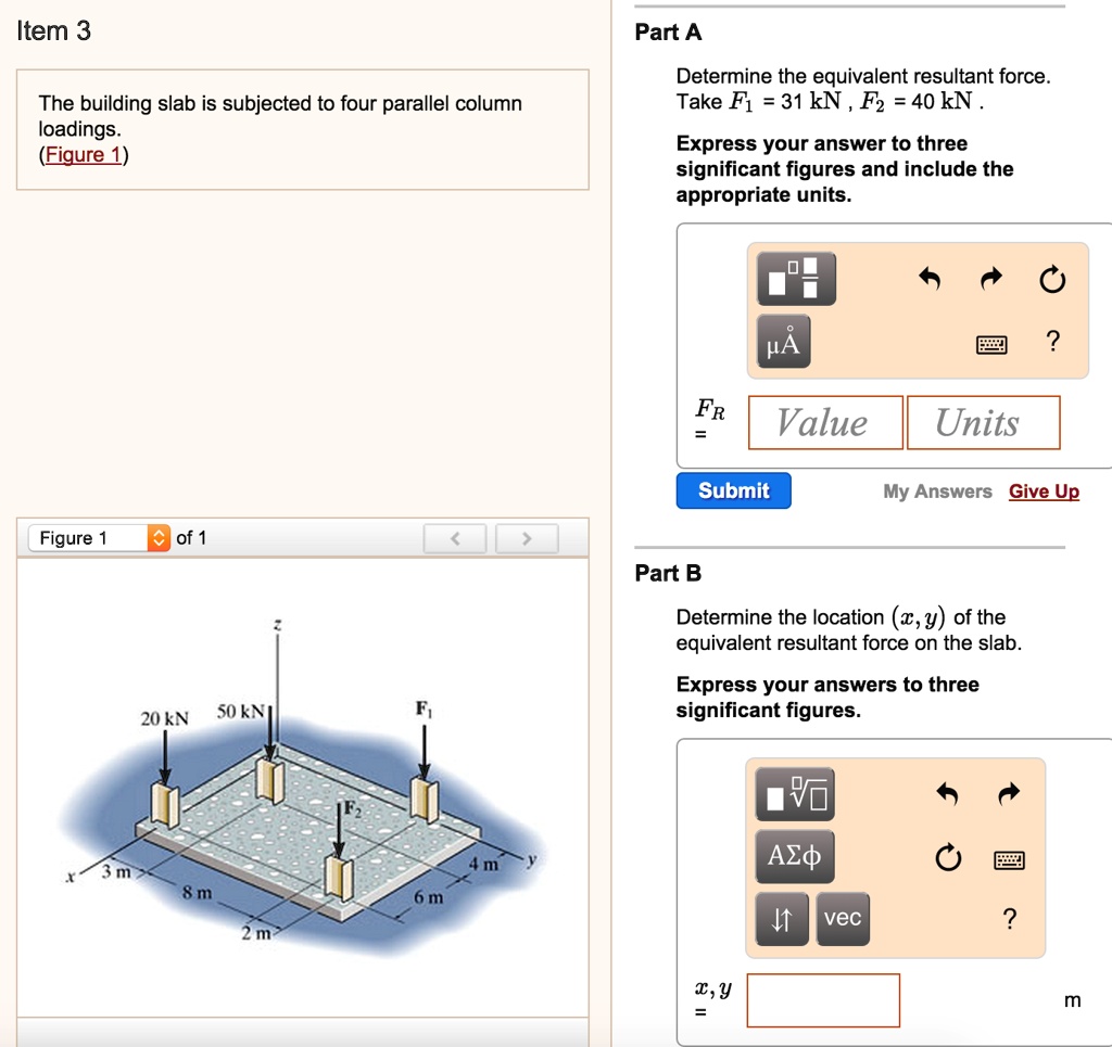 SOLVED: The building slab is subjected to four parallel column loadings. Item 3 Part A Determine ...