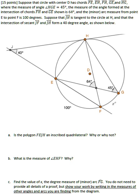 SOLVED: [15 points] Suppose that circle with center has chords FE, EH ...