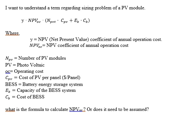 I want to understand a term regarding sizing problem of a PV module. y ·NPVoc ·(Npvt ·Cpv + Eb ...