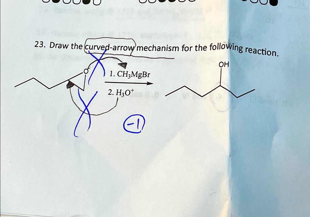 23. Draw the curved-arrow mechanism for the following reaction. 1. CH3MgBr 2. H3O^+ (-1) OH