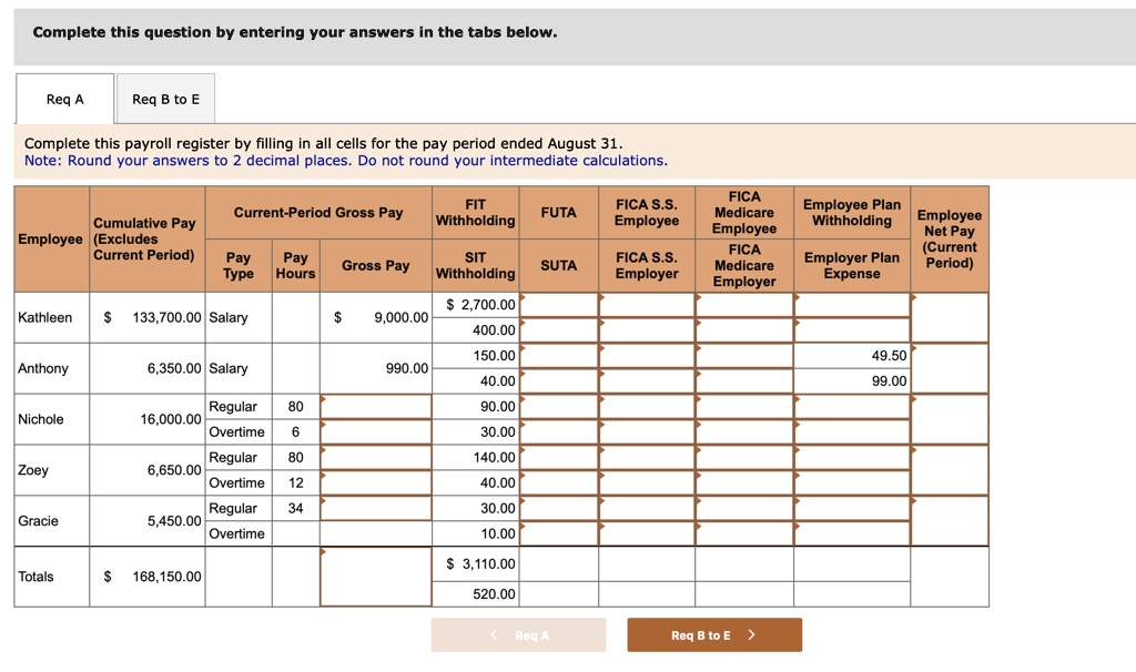SOLVED: Exercise 9-21A (Algo) Preparing payroll register and related ...