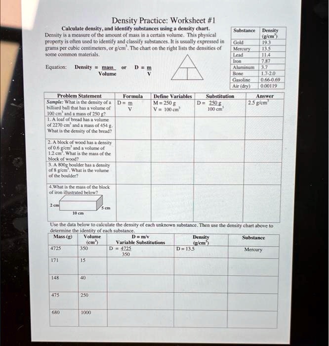 Density Practice: Worksheet #1 Calculate density, and identify ...
