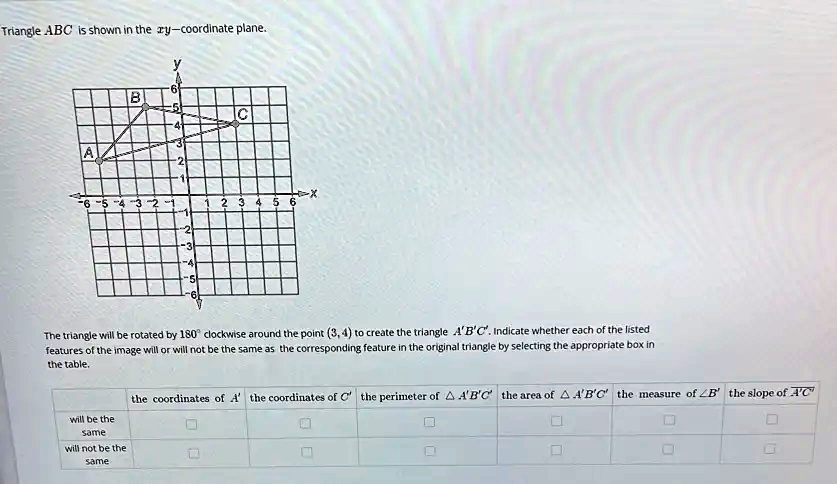 SOLVED: Triangle ABC shown in the XY-coordinate plane. The triangle will be rotated 180Â ...