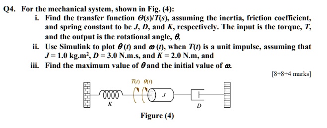 SOLVED: Q4. For the mechanical system, shown in Fig.4: i. Find the ...
