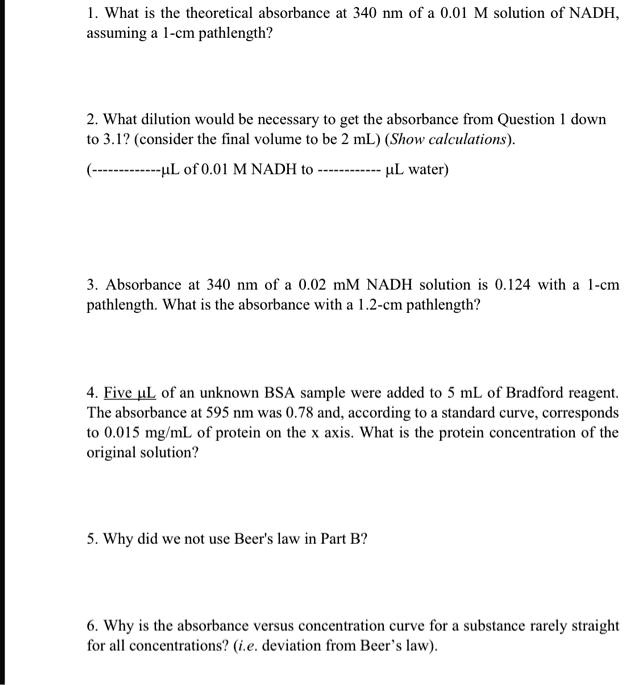 1. What is the theoretical absorbance at 340 nm of a 0.01 M...