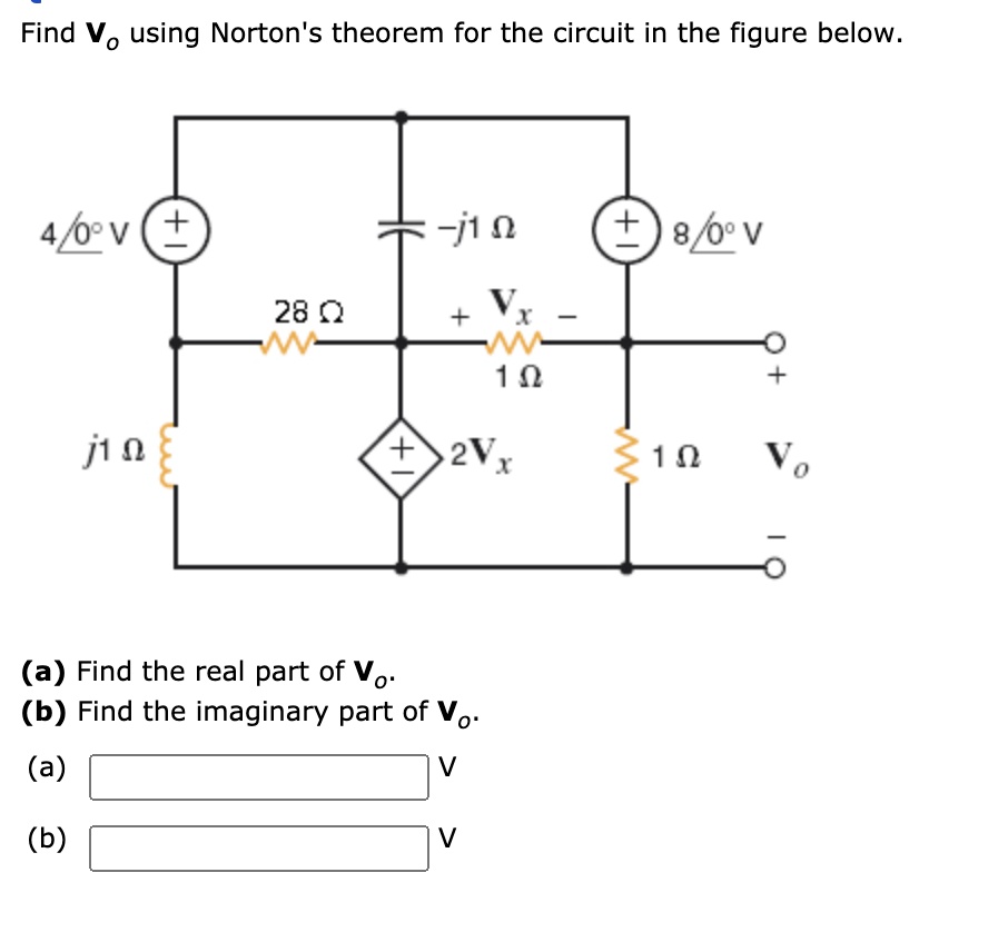 SOLVED: Find Vo using Norton's theorem for the circuit in the figure below. 4/0V X +-j1 + ^0/8 ...
