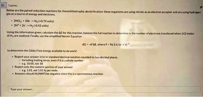 SOLVED: Below are the paired reduction reactions for chemolithotrophic ...