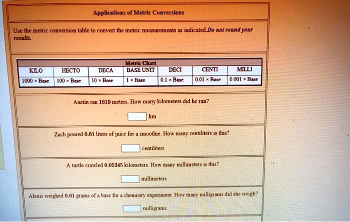 Applications of Metric Conversions Use the metric conversion table to convert the metric ...