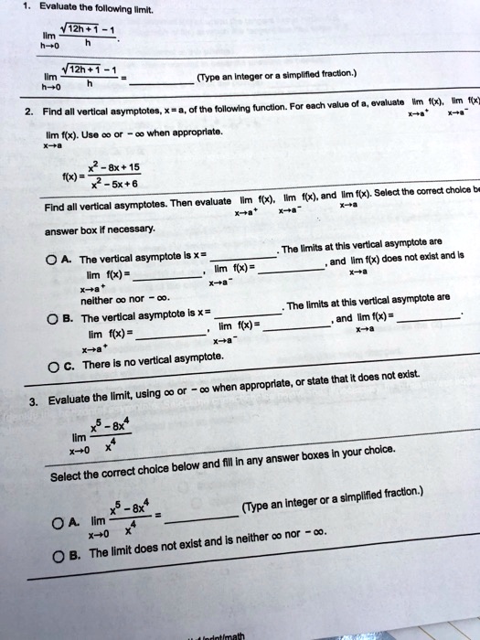 evaluato the following iimit nzh y12h 1 intooug simplicd fracbon type ...