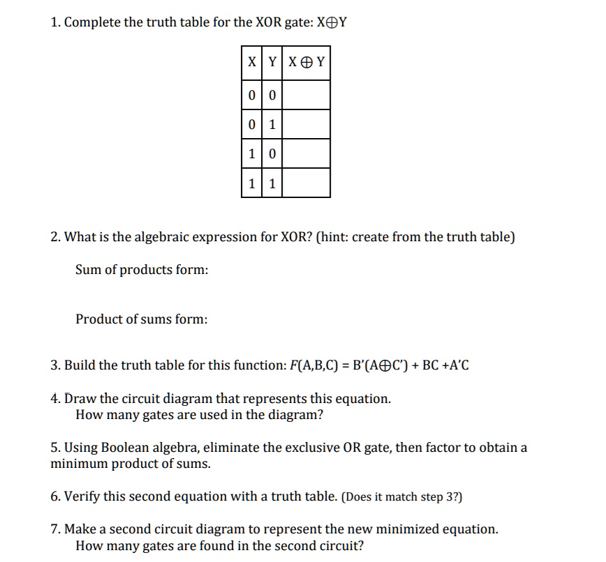 SOLVED: Questions 5, 6 7 1. Complete the truth table for the XOR gate: X âŠ• Y X | Y | X âŠ• Y ...