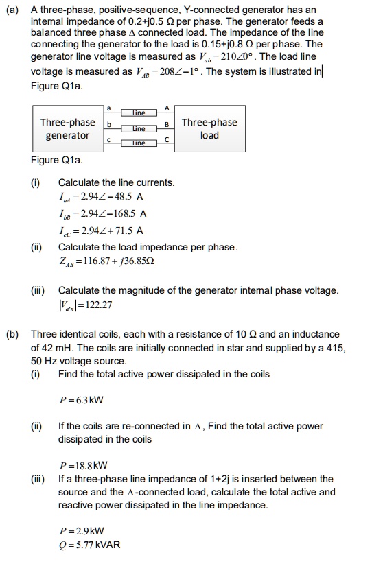 Solved A A Three Phase Positive Sequence Y Connected Generator Has An Internal Impedance Of
