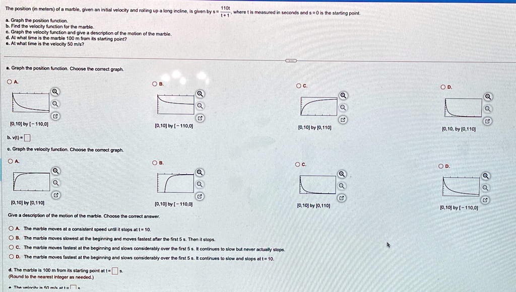 the position in meters of a marble given an initial velocity and ...