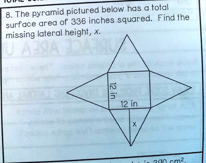 SOLVED: The pyramid pictured below has a total of 336 square inches ...