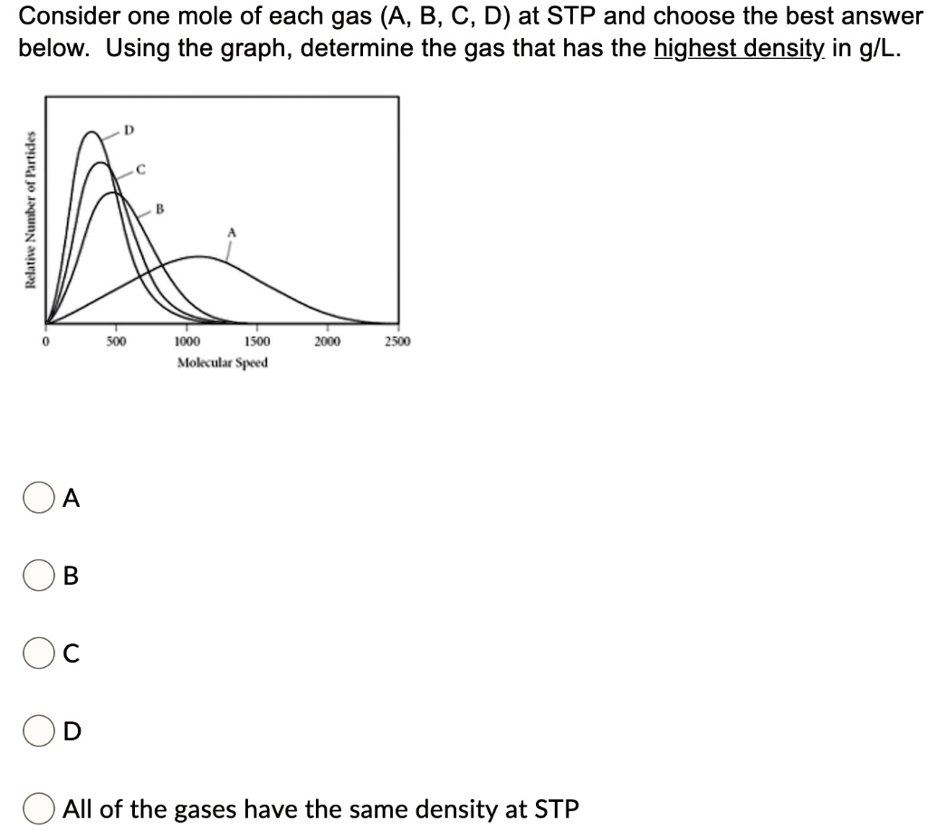 SOLVED: Consider one mole of each gas (A, B, C, D) at STP and choose ...
