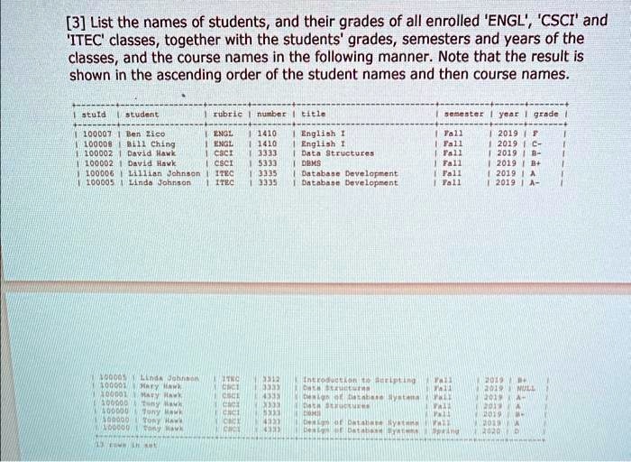 SOLVED: [3] List the names of students and their grades of all enrolled ...