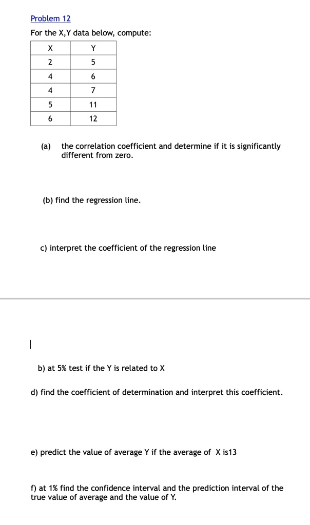 Solved Problem 12 For The Xy Data Below Compute The Correlation Coefficient And Determine If 