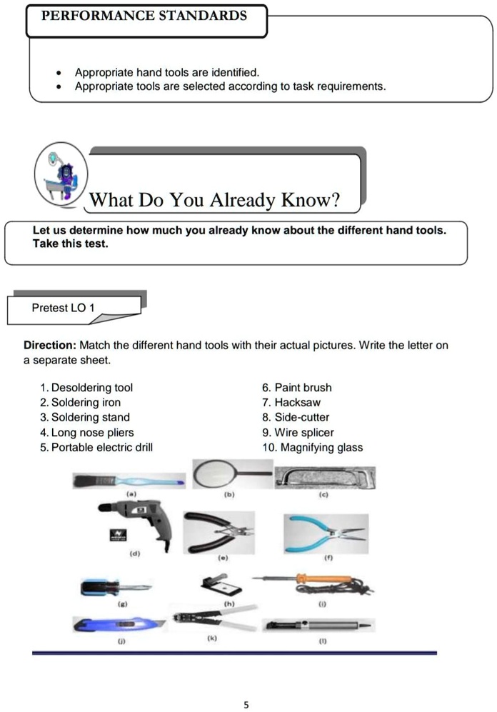 match the different hand tools with their actual picture write the ...